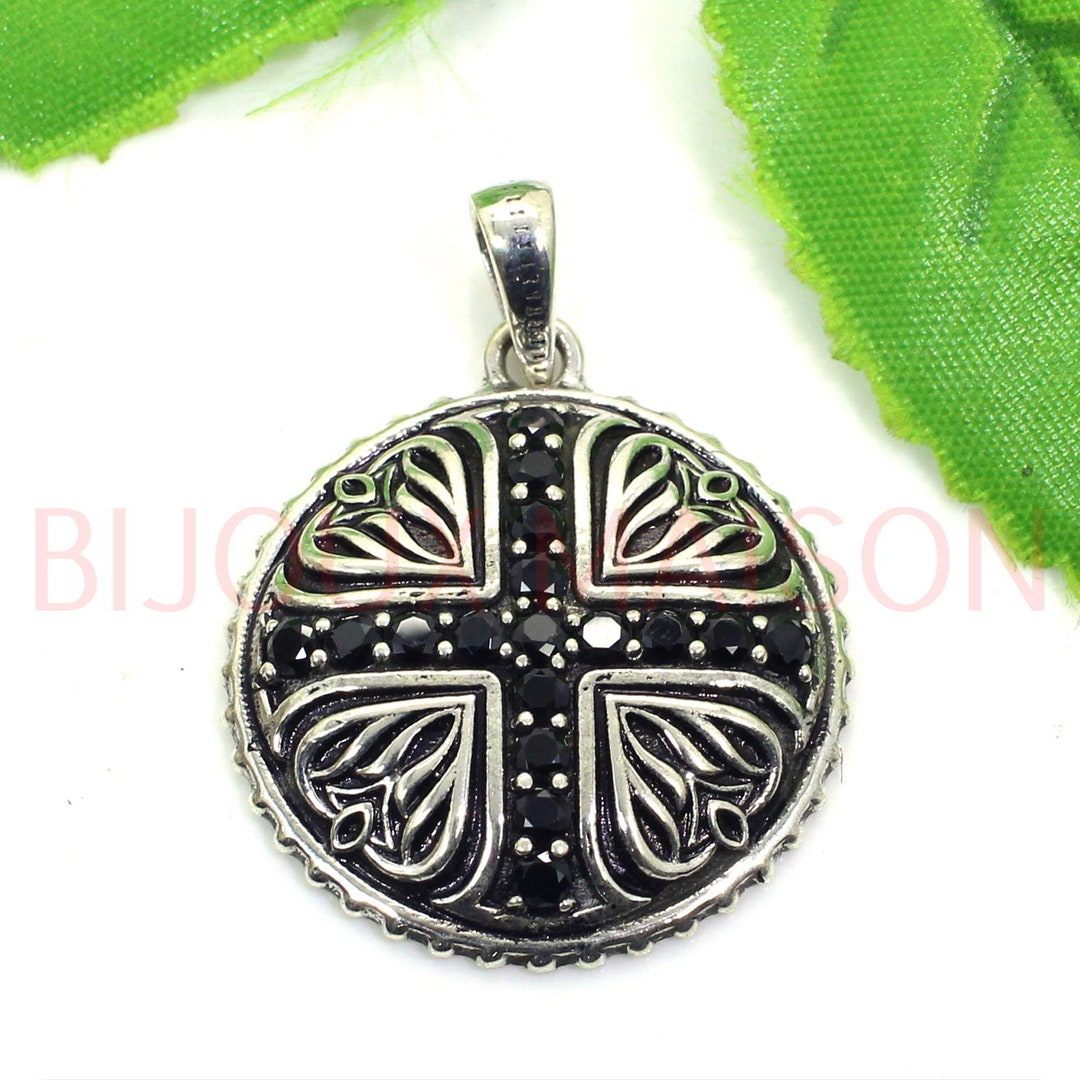 Sterling Silver Black Spinel Cross Round Pendant, Round Pendant Jewelry ...
