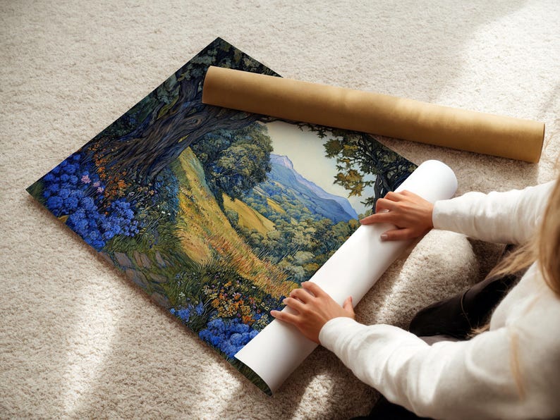 Woodland Landscape Print: Blue Floral Countryside Art - Etsy