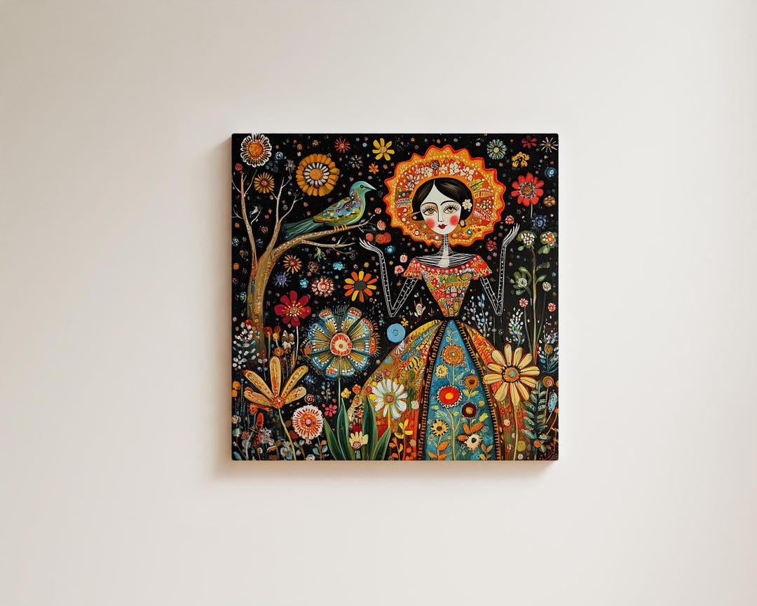 Botanical Folk Art Print - Whimsical Girl Wall Art | Colorful Floral ...