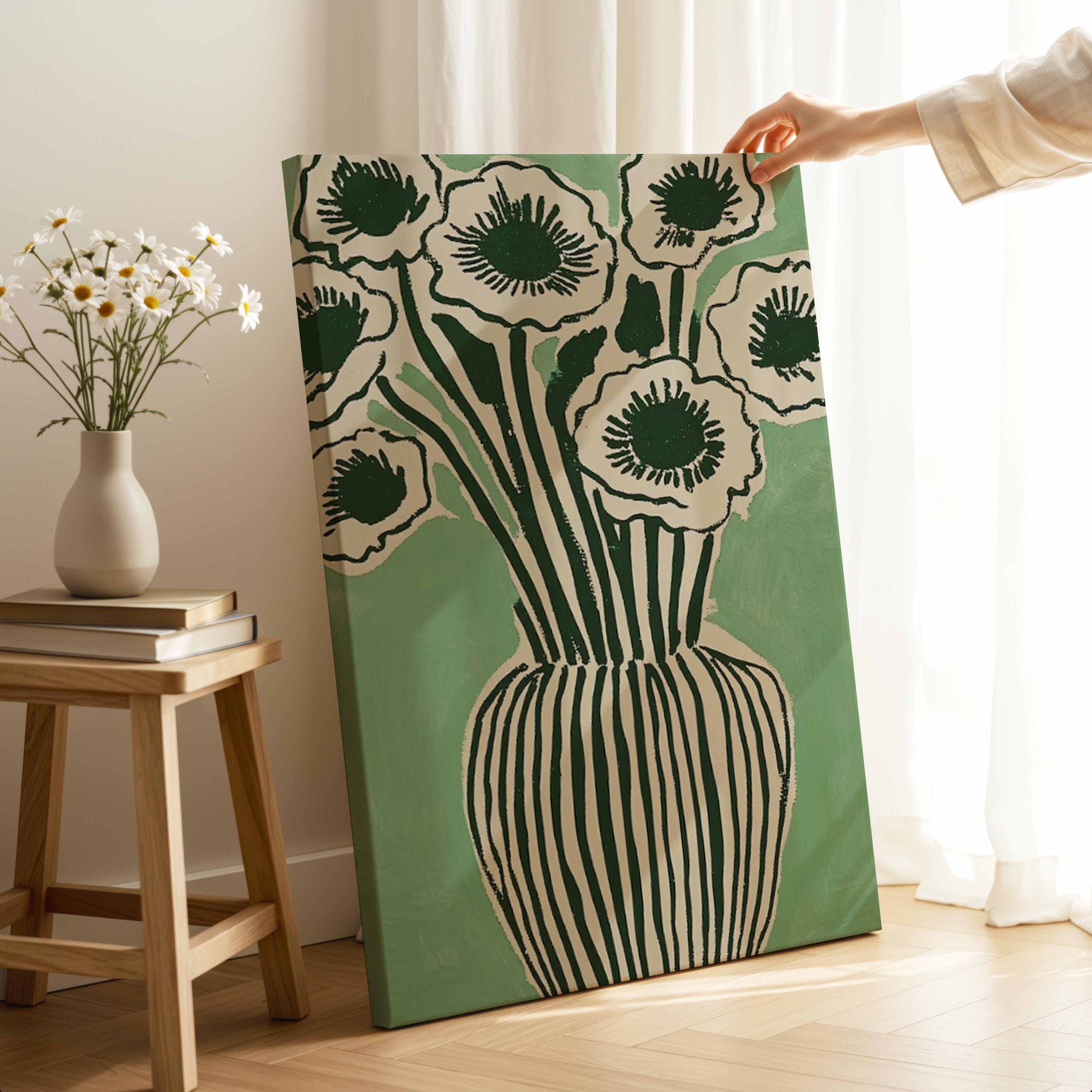Minimalist Sage Green Floral Canvas - Bold Folk Art Poppy Wall Decor ...