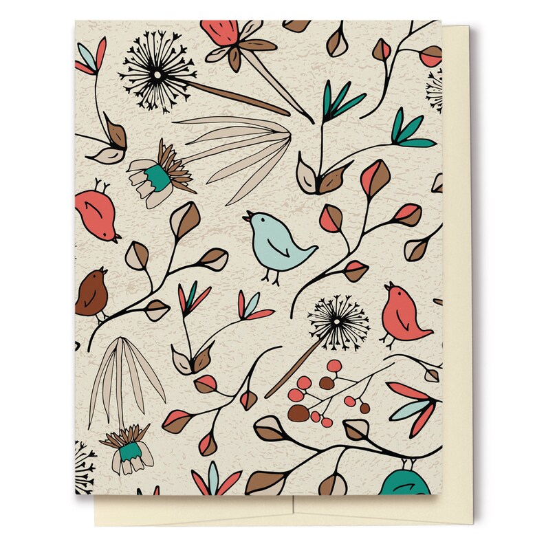 Blank Note Card With Envelope, Pretty Note Card With Flowers and Birds ...