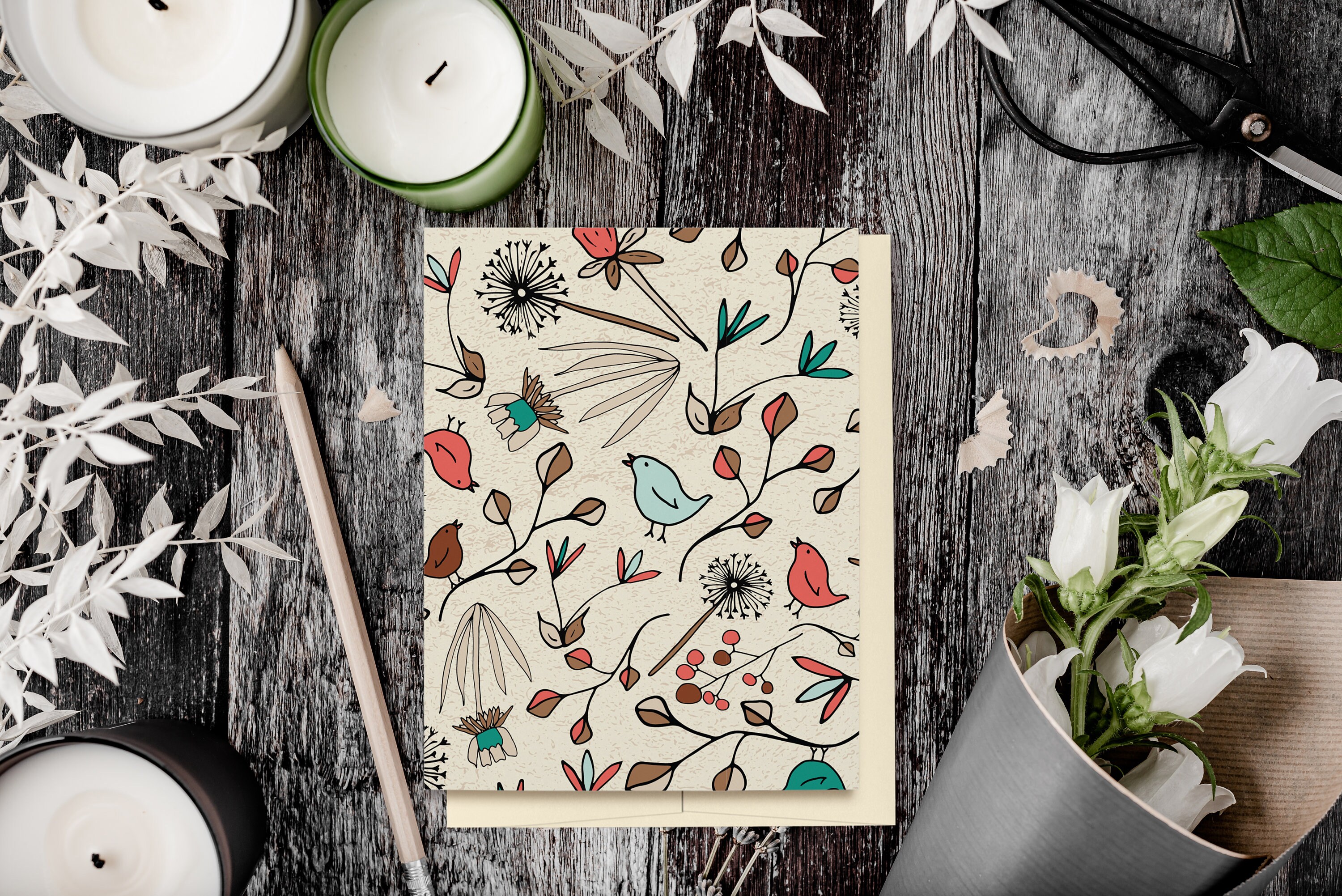 Blank Note Card With Envelope, Pretty Note Card With Flowers and Birds ...