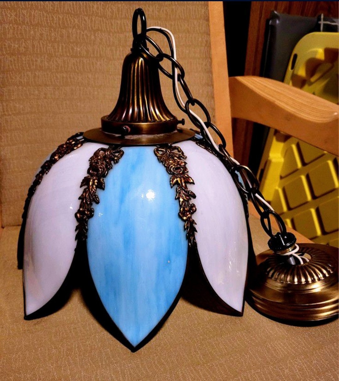 Antique Mid-century 50s Blue Slag Glass Tulip Lotus Floral Light ...