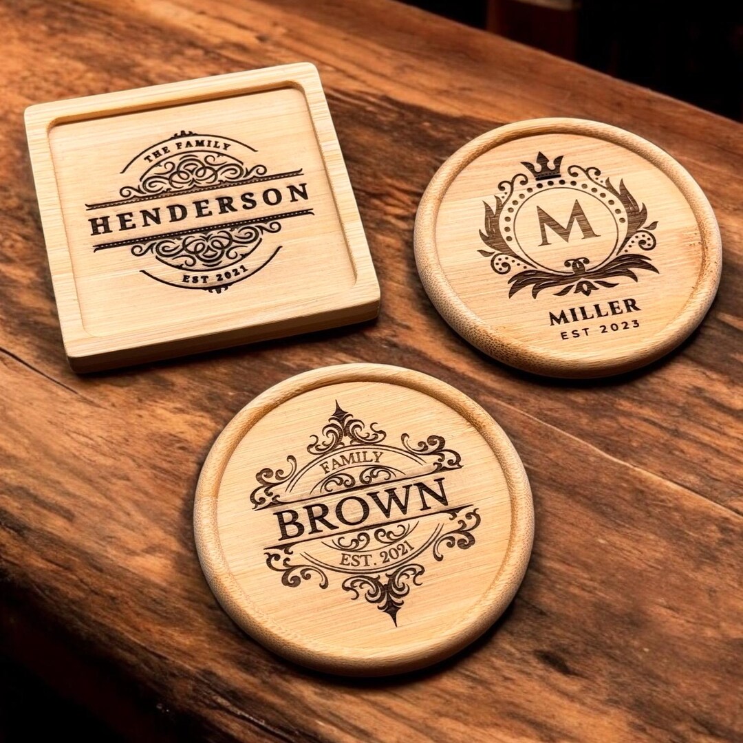 Personalized Family Crest Bamboo Coaster Custom Engraved Wood Coaster ...