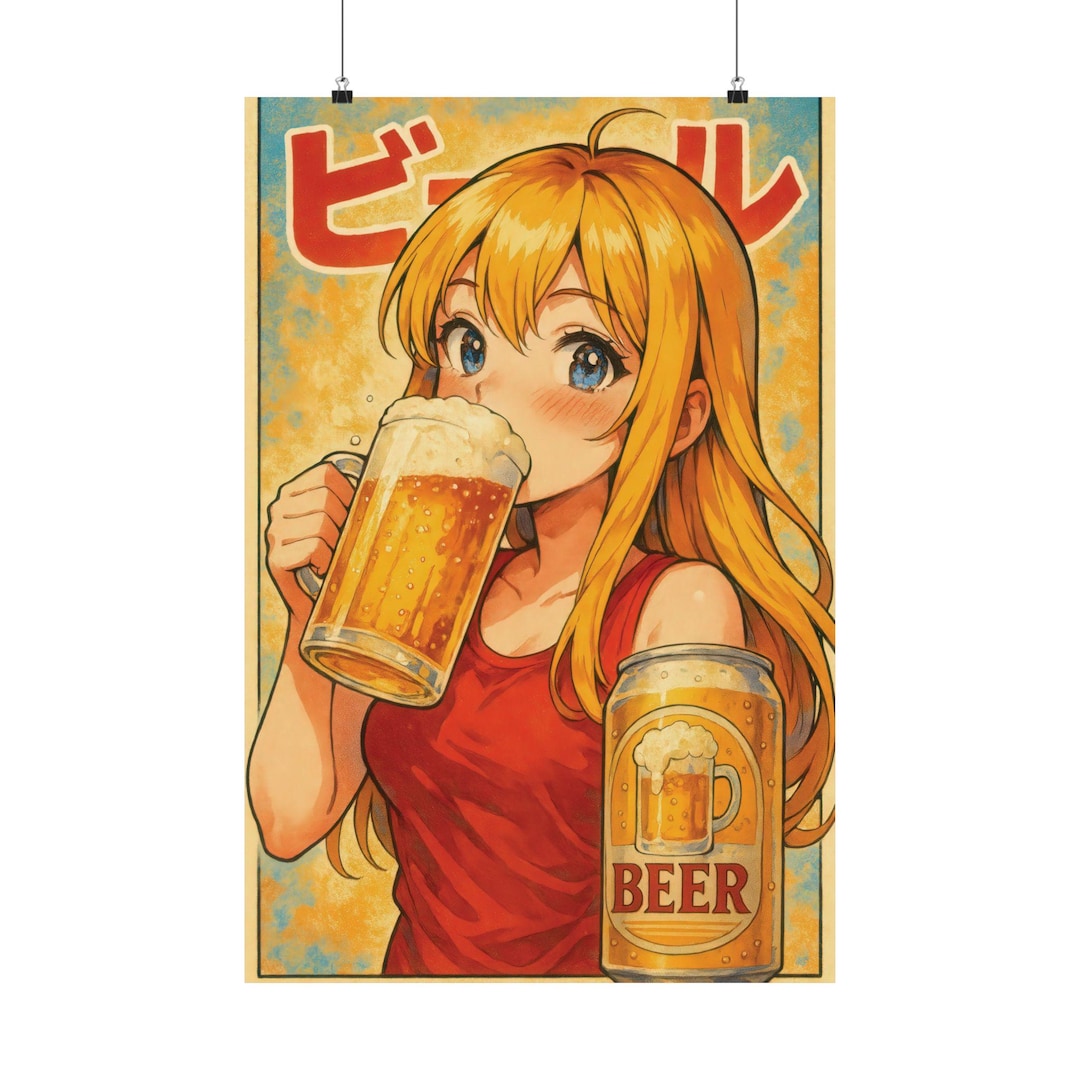 Anime Beer Ad Poster Print, Funny Manga Wall Art for Mancave, Cool Pub ...