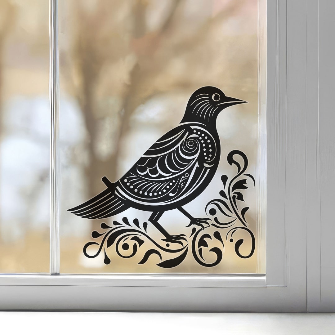 Elegant Filigree Bird Window Decal - Ornamental Black Design, Premium ...