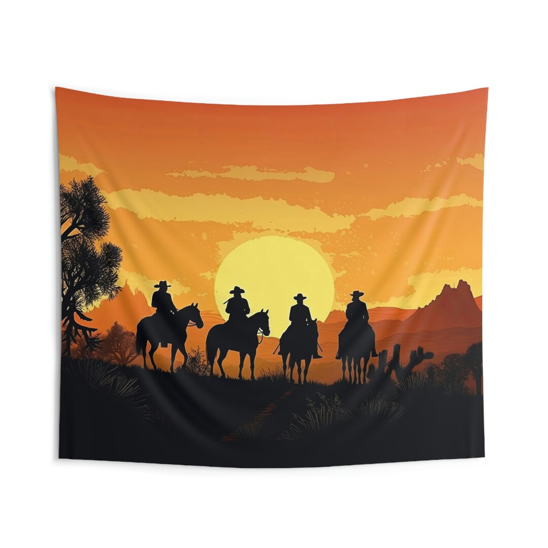 Huge Vintage Western Cowboy Sunset Silhouette Wall Tapestry - Etsy