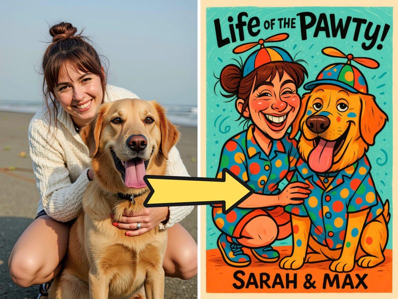 Custom Funny Pet & Owner Caricature Portrait From Photo – Your Dynamic ...