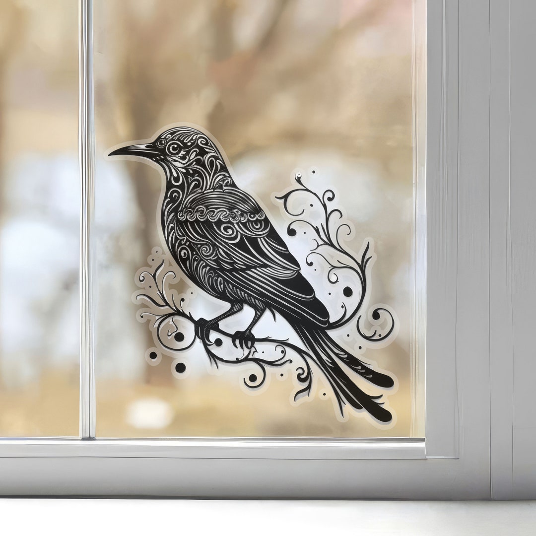 Elegant Filigree Bird Window Decal - Ornamental Black Design, Premium ...