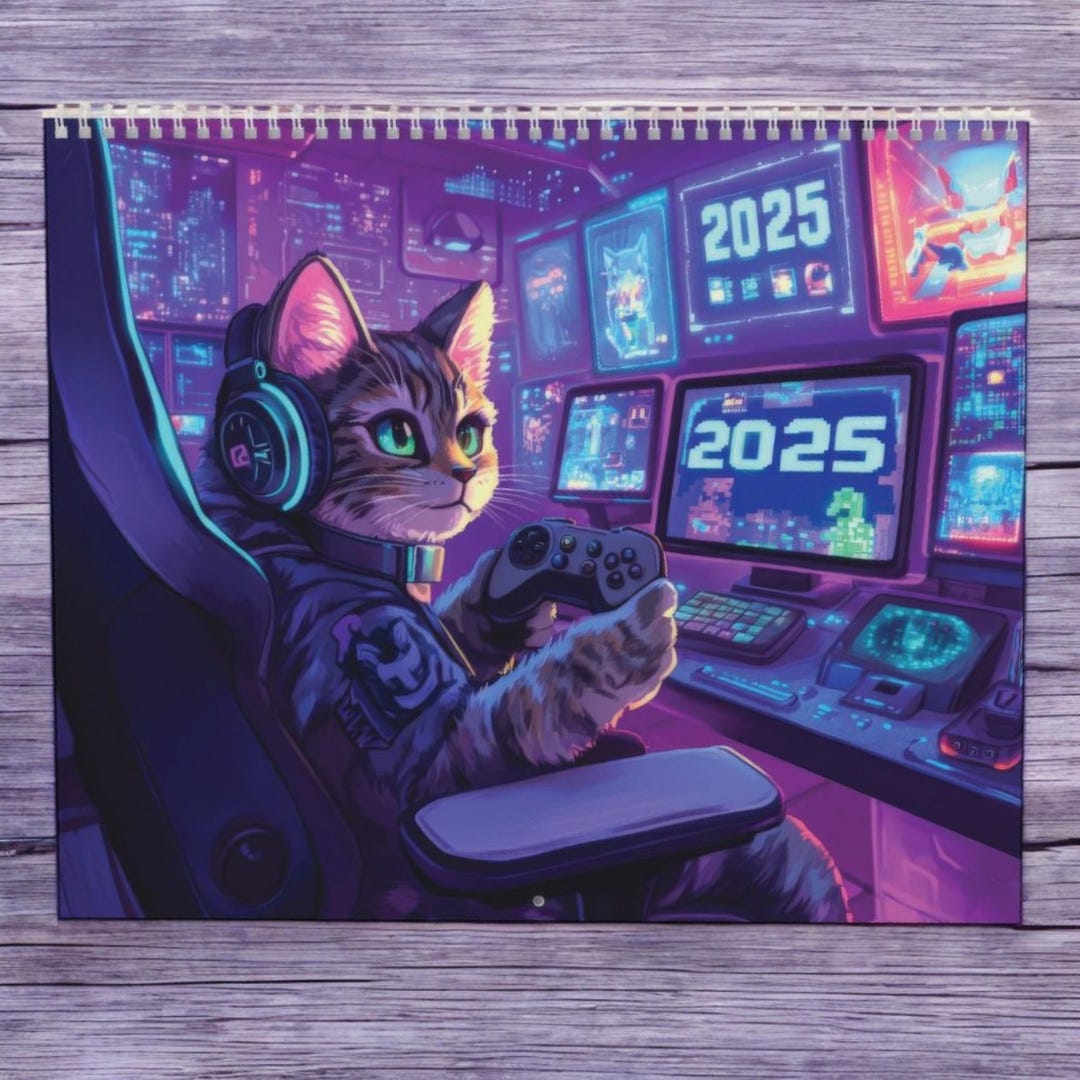 Gaming Cats Wall Calendar 2025 - Monthly Adorable Cat Gamer Art, Great ...