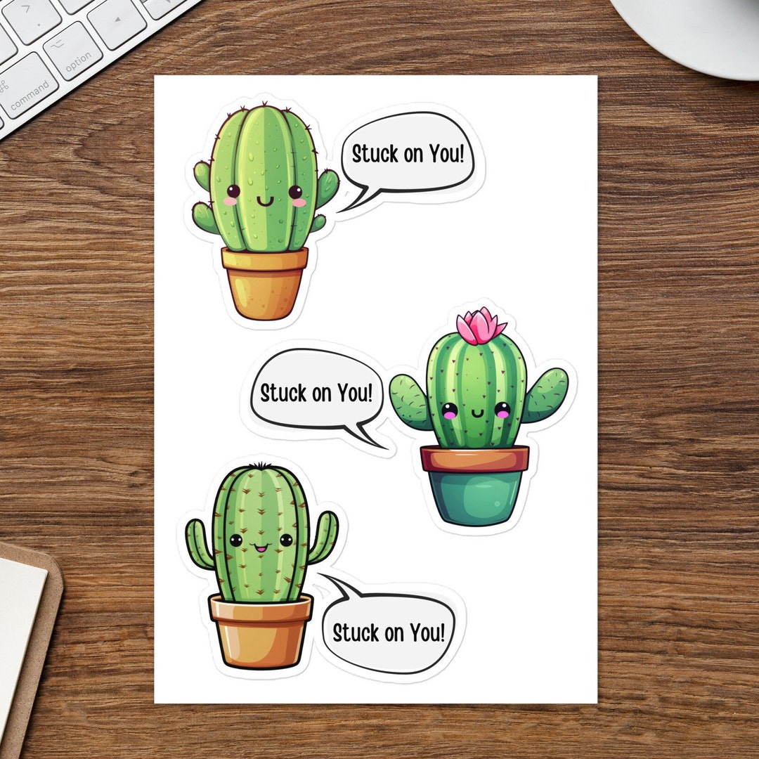 Cute Cactus 'stuck on You' Sticker Set 3 Adorable Kawaii Plant Decals ...
