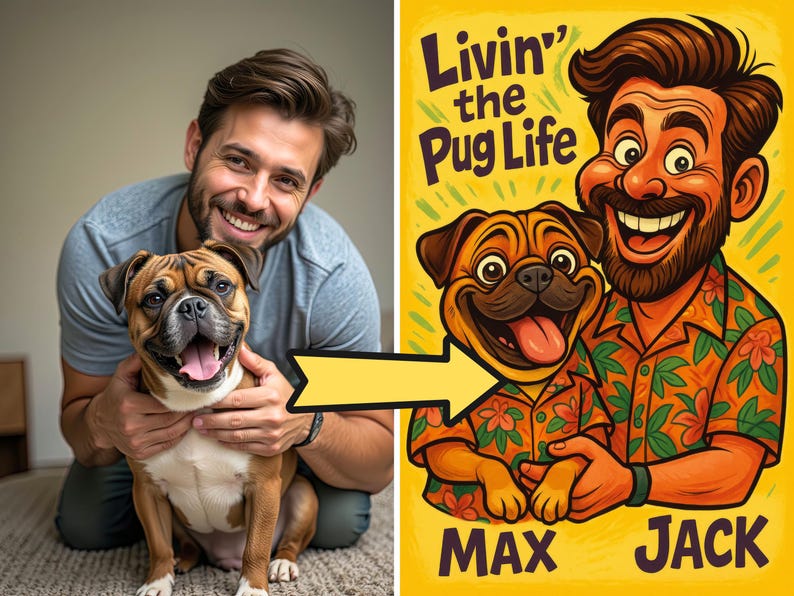 Custom Funny Pet & Owner Caricature Portrait From Photo – Your Dynamic ...