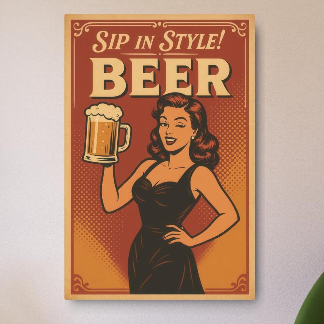 Vintage Beer Pin-up Girl Metal Art Sign for Mancave - Vintage Bar Wall ...
