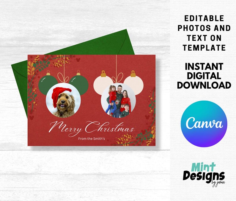 Editable Magical Ears Ornament Photo Holiday Card, Canva Template for ...