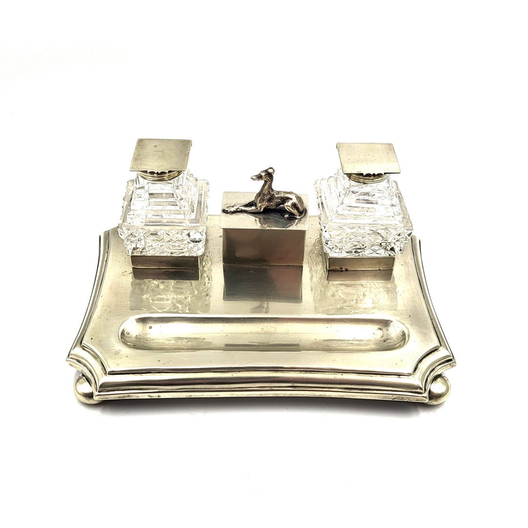 Rare Antique Greyhound Ink Stand With Original Cut Glass Inkwells ...