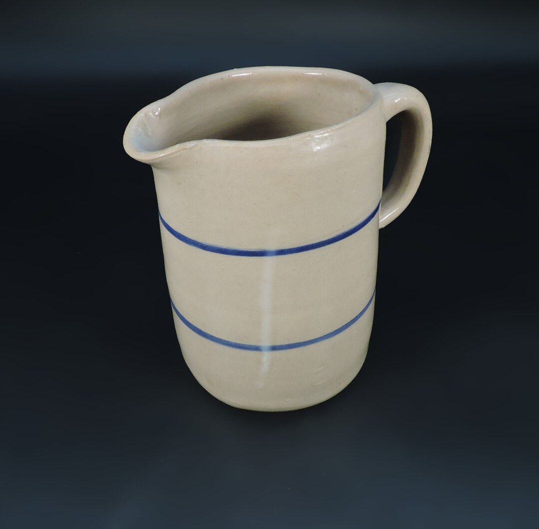 Vintage Stoneware Pitcher Blue Banded Pitcher Farmhouse Pitcher Cream ...