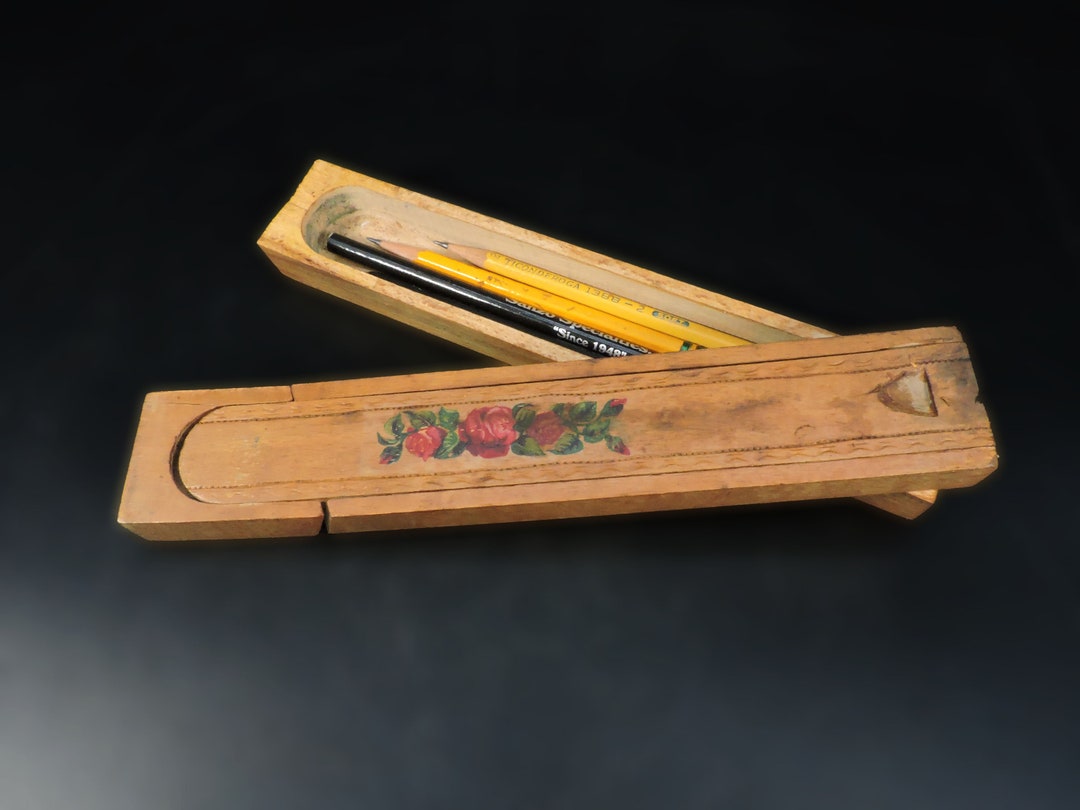 Vintage Pencil Box Sliding Lid Pencil Box Wooden Pencil Box Old Pencil ...