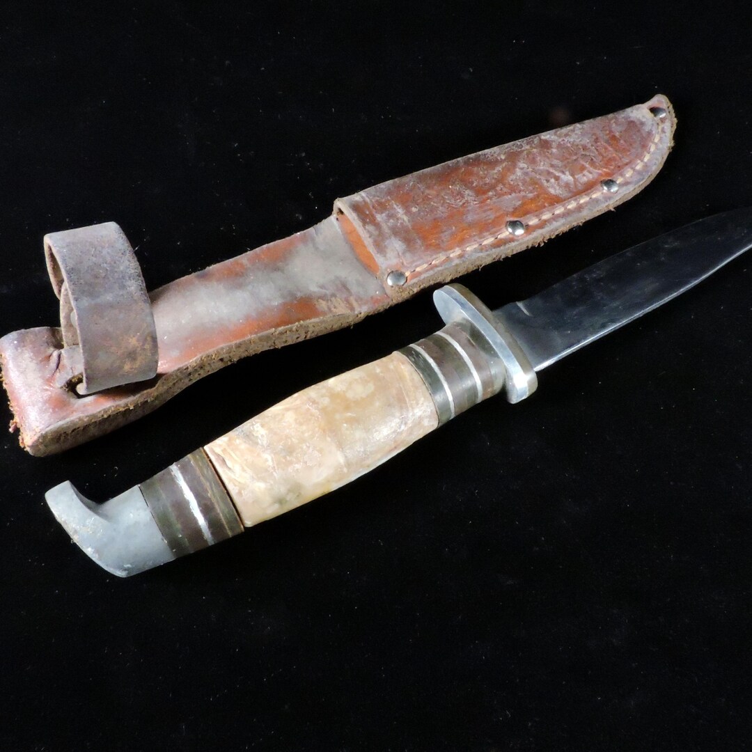 Vintage Hunting Knife ~ Old Hunting Knife ~ Bone & Stacked Leather ...