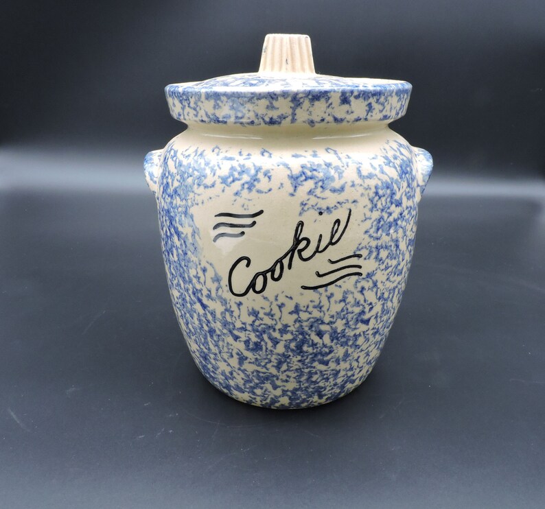 Vintage Cookie Jar ~ Spongeware Cookie Jar ~ Blue Stoneware Cookie Jar ...