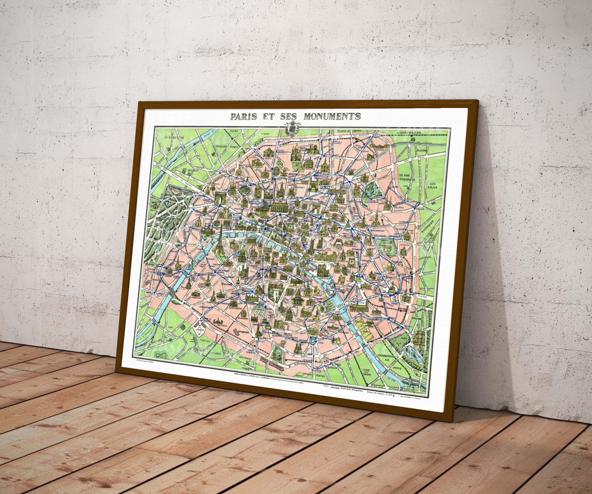 Digital, 1925, Map of Paris With Monuments, INSTANT DOWNLOAD, Printable ...
