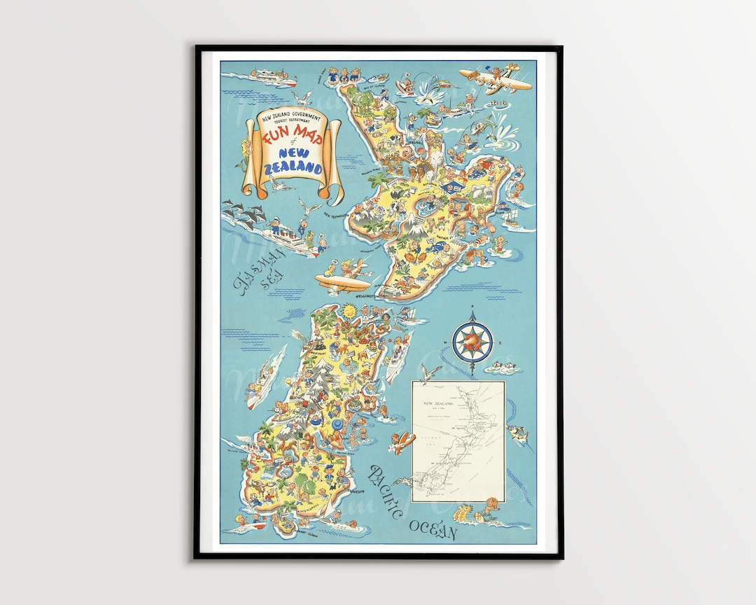 Digital, Mid Century Fun Map of New Zealand, NZ Government Tourism ...