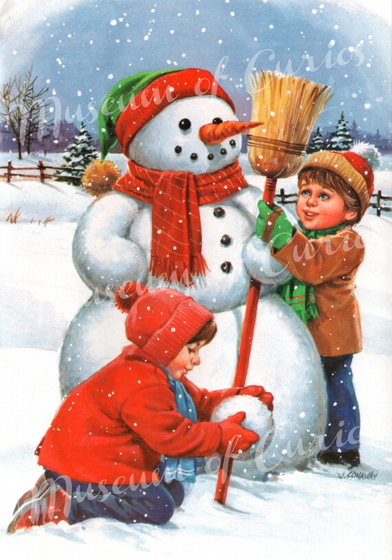 Digital Vintage 1970s Christmas Card Snowman and Children | Etsy