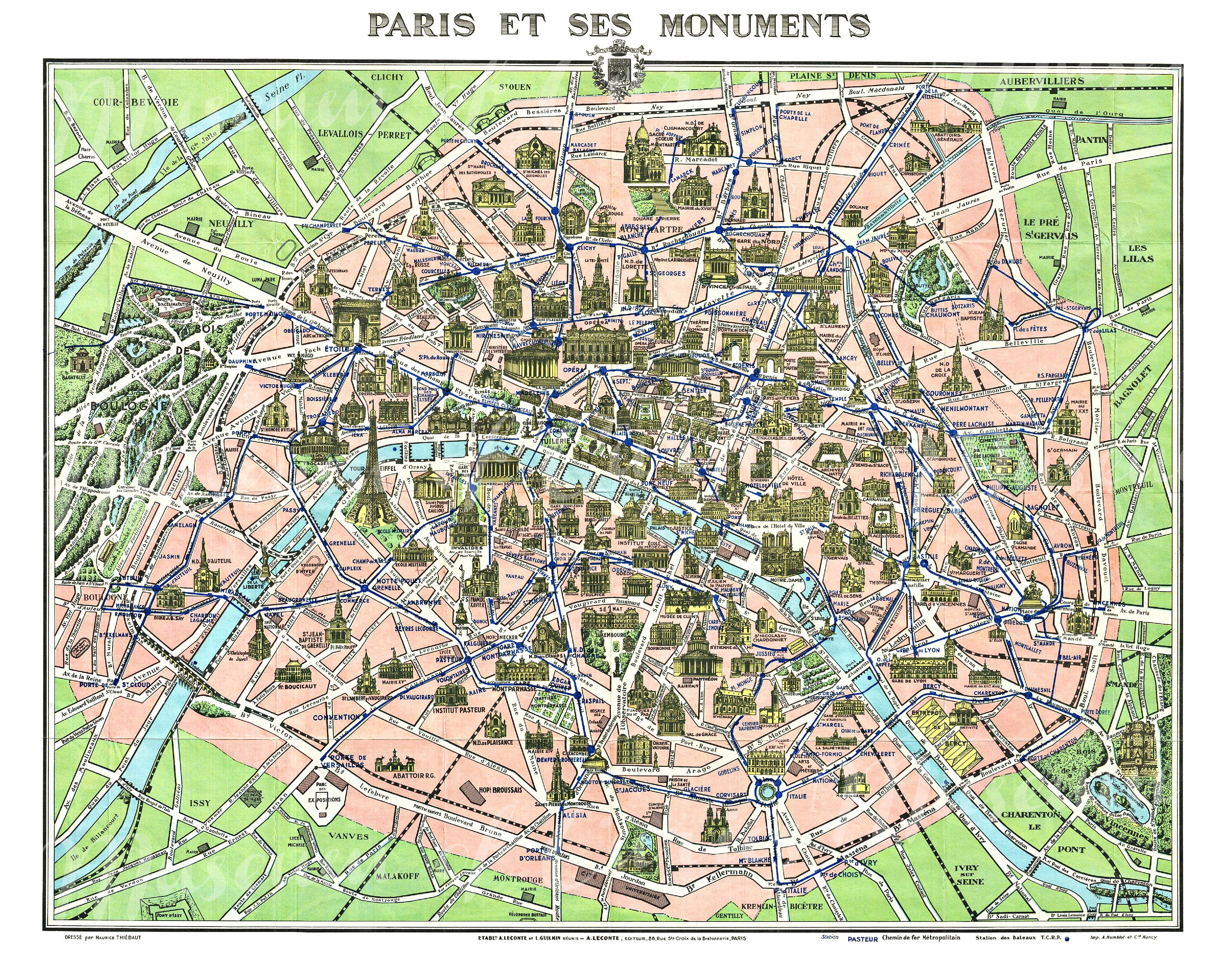 Digital, 1925, Map of Paris With Monuments, INSTANT DOWNLOAD, Printable ...