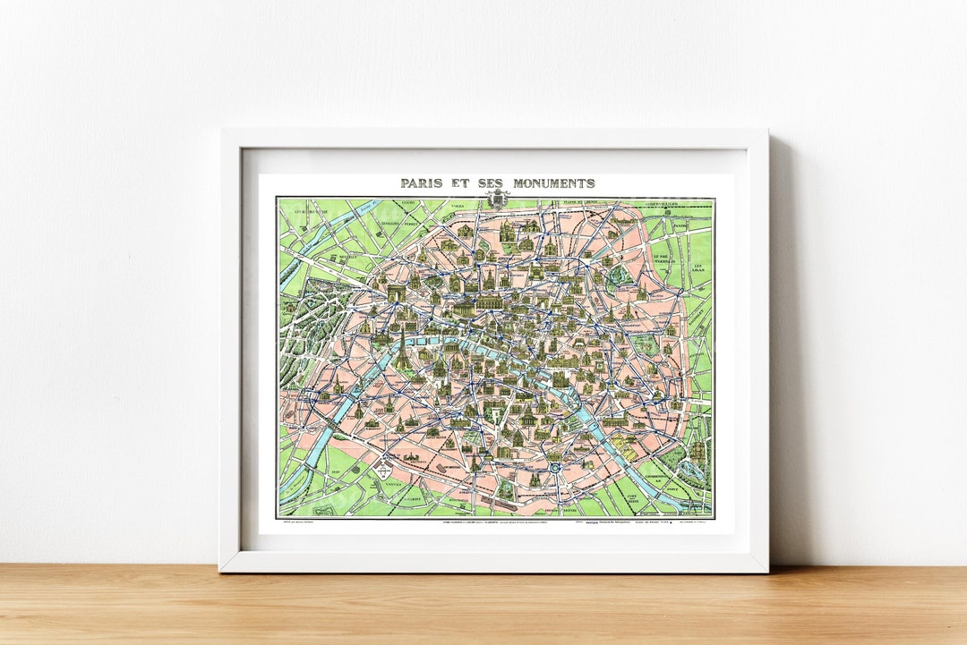 Digital, 1925, Map of Paris With Monuments, INSTANT DOWNLOAD, Printable ...