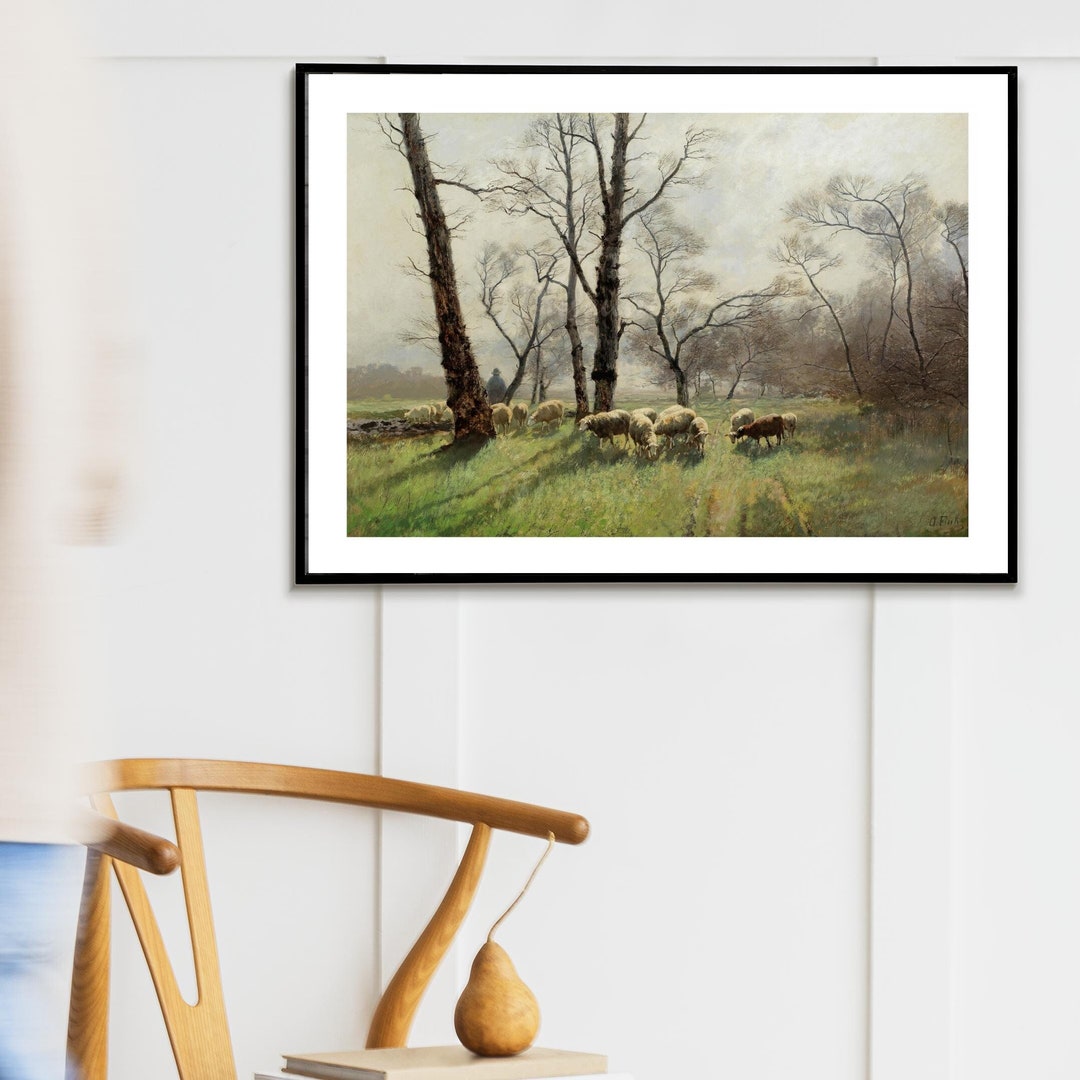 Digital, 1800s, Shepherd With His Flock in the Evening Light, Rustic ...