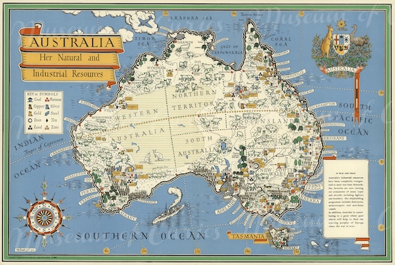 Prints Digital Prints Gold Silver 1942 Map of Australia Copper Tin ...