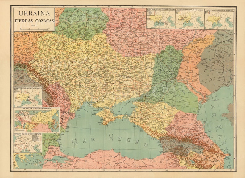 Digital, 1943, Ukraine Map, the Land of the Cossacks, INSTANT DOWNLOAD ...