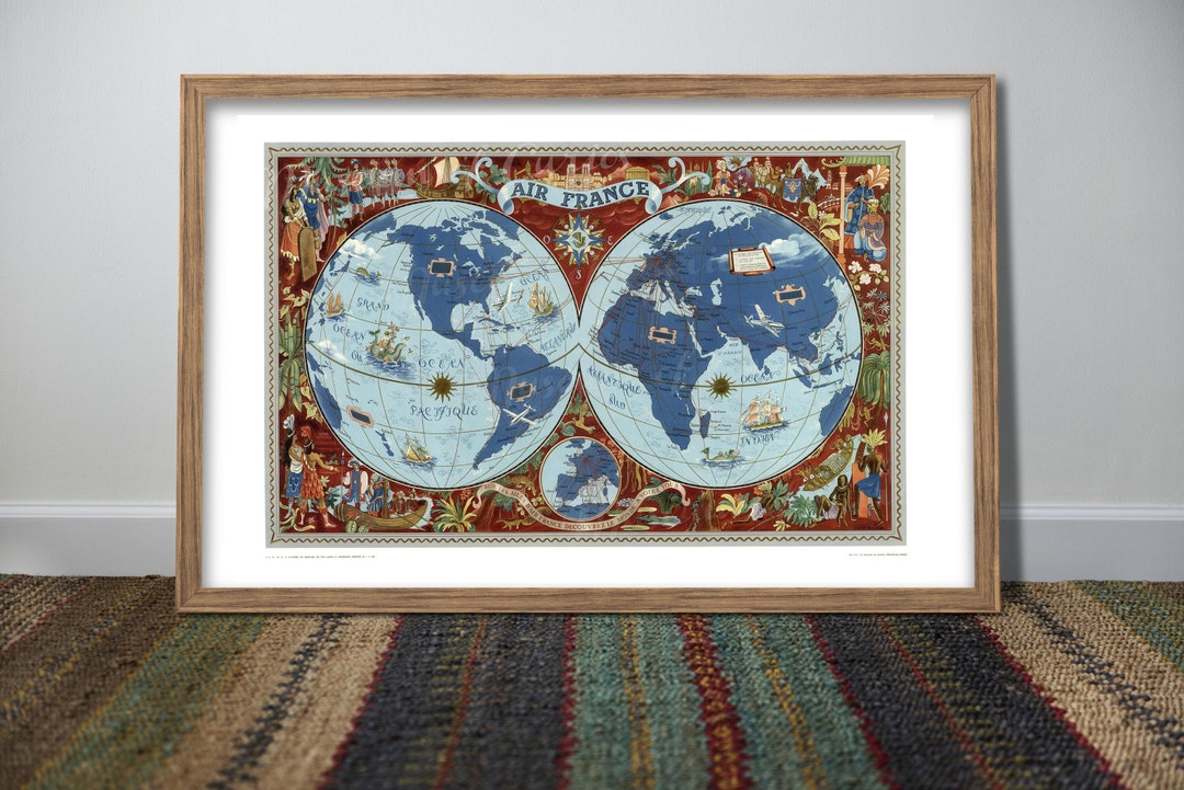 Digital, French Double Hemisphere World Map, INSTANT DOWNLOAD, Aviation ...