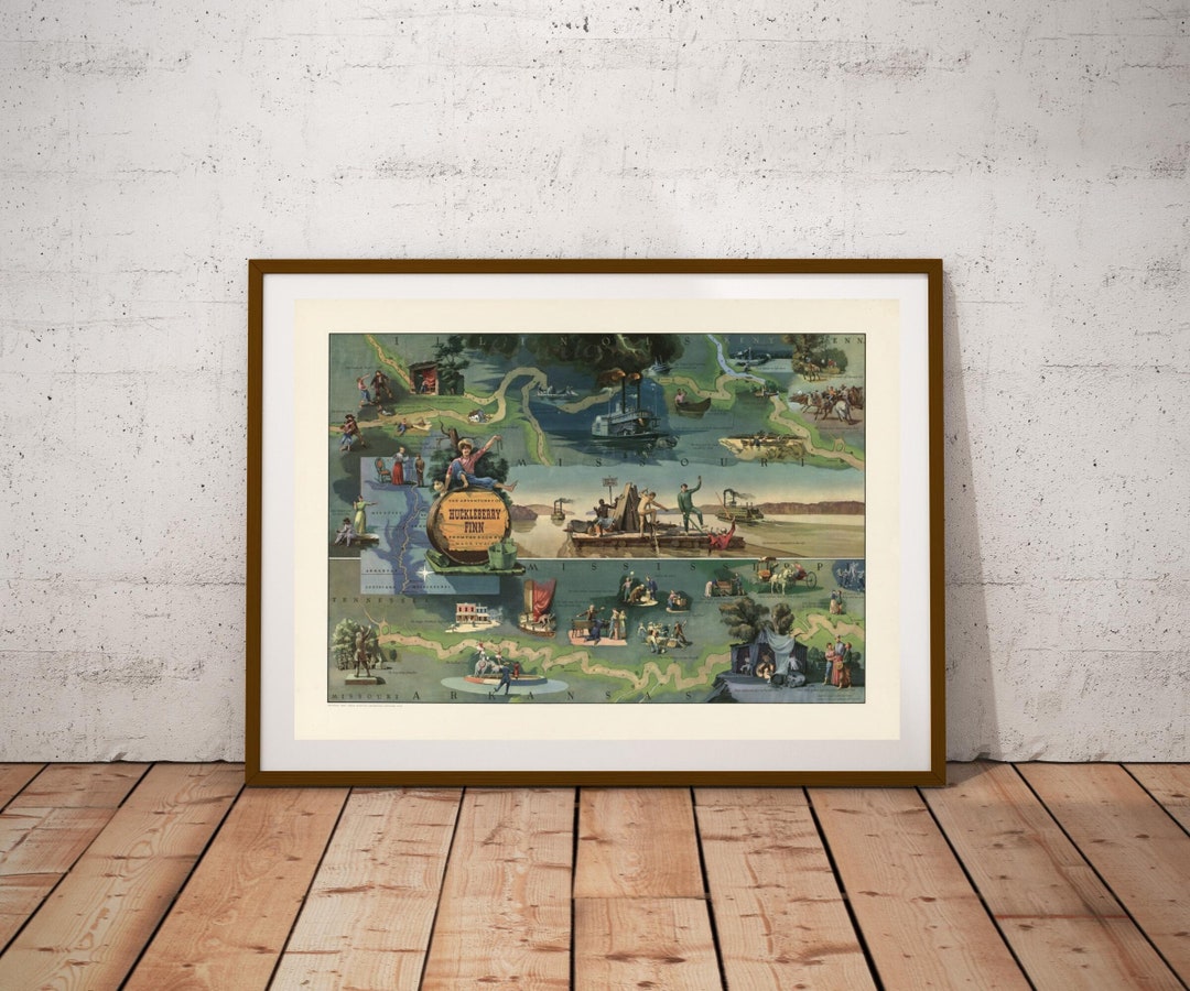 1959 Huckleberry Finn Pictorial Map - Mark Twain - Mississippi River ...