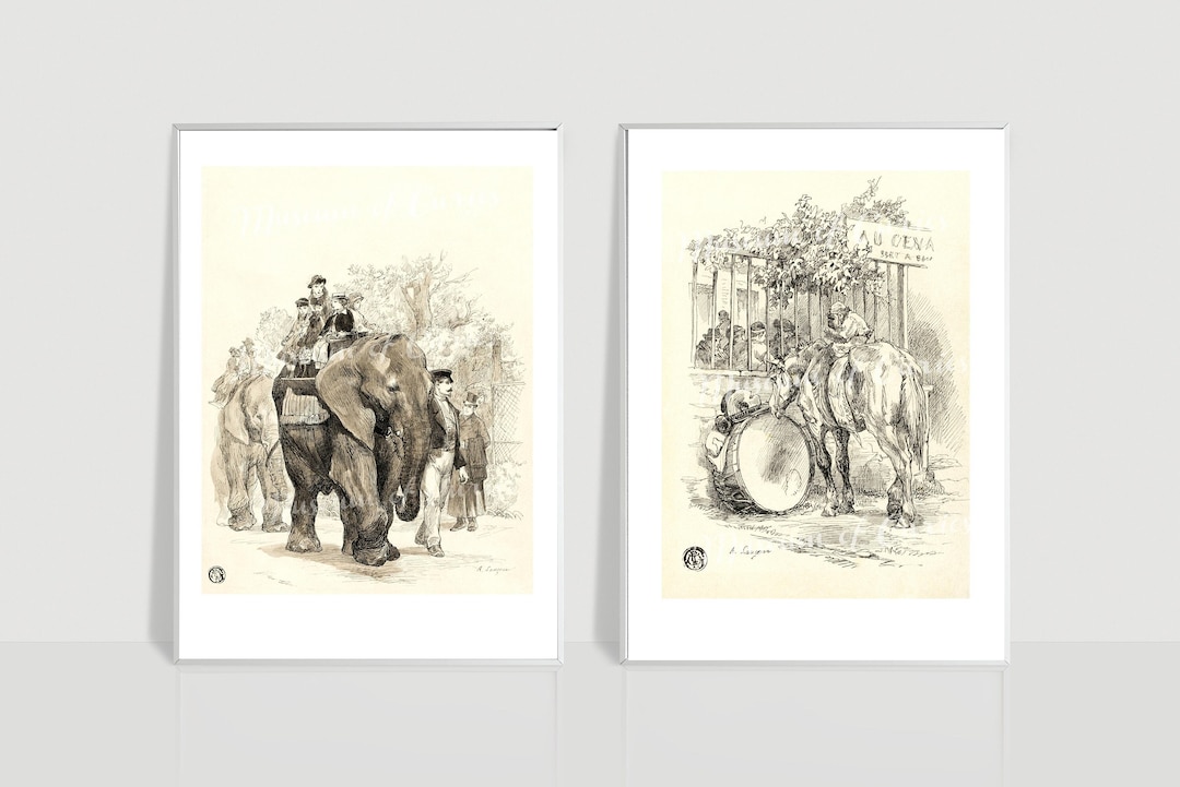 Elephant & Horse Print Set: Mid 1800s Crosshatch Watercolor (digital ...