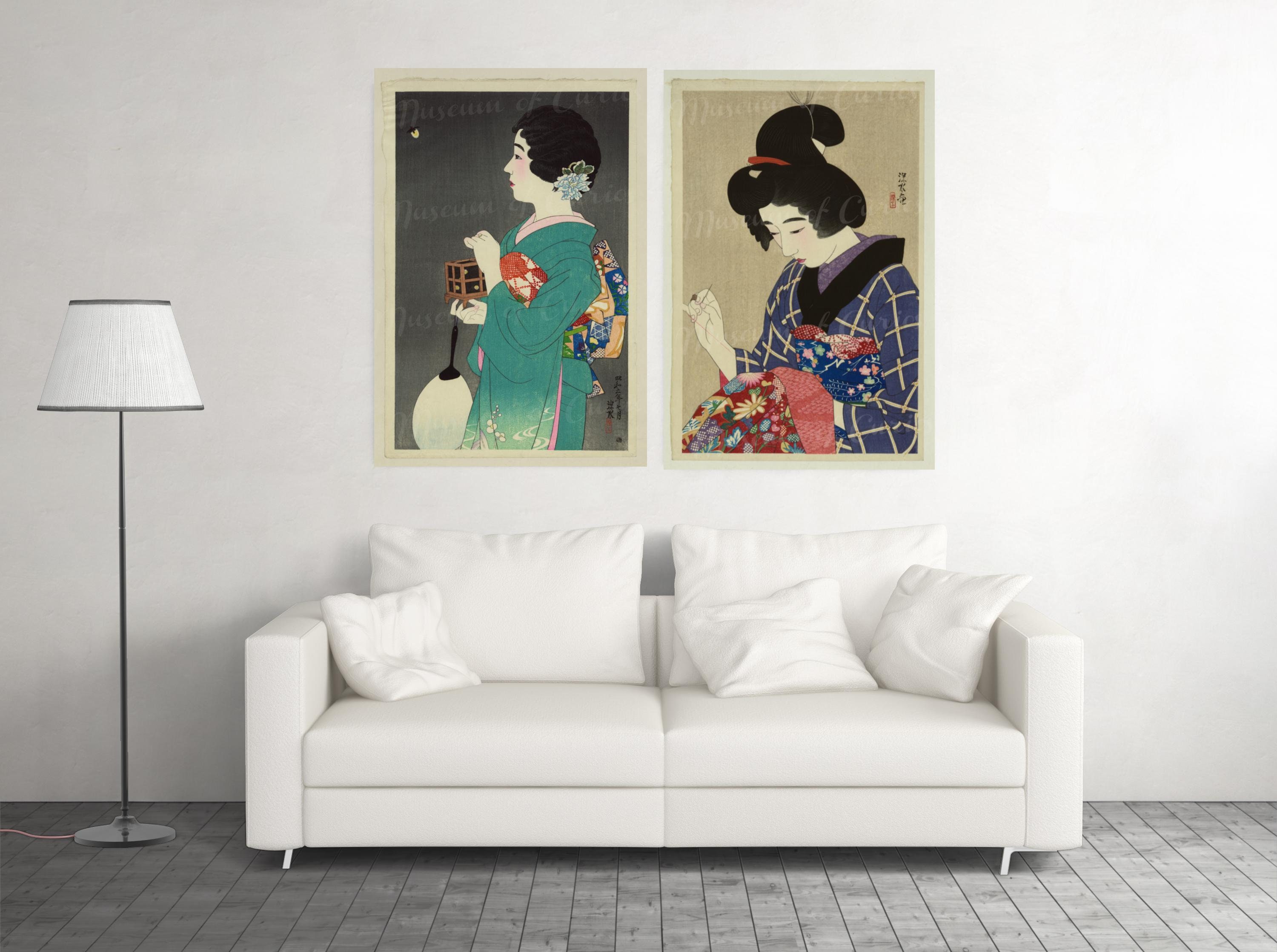 Digital, Two Japanese Geisha Prints, Sewing and With Fan, INSTANT ...