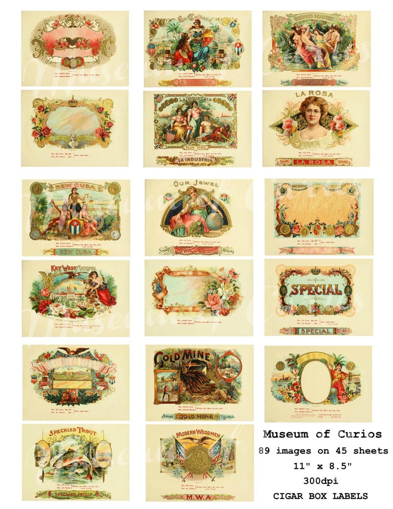 Digital Set of 89 Cigar Box Labels on 45 Sheets, 1905, INSTANT DOWNLOAD ...