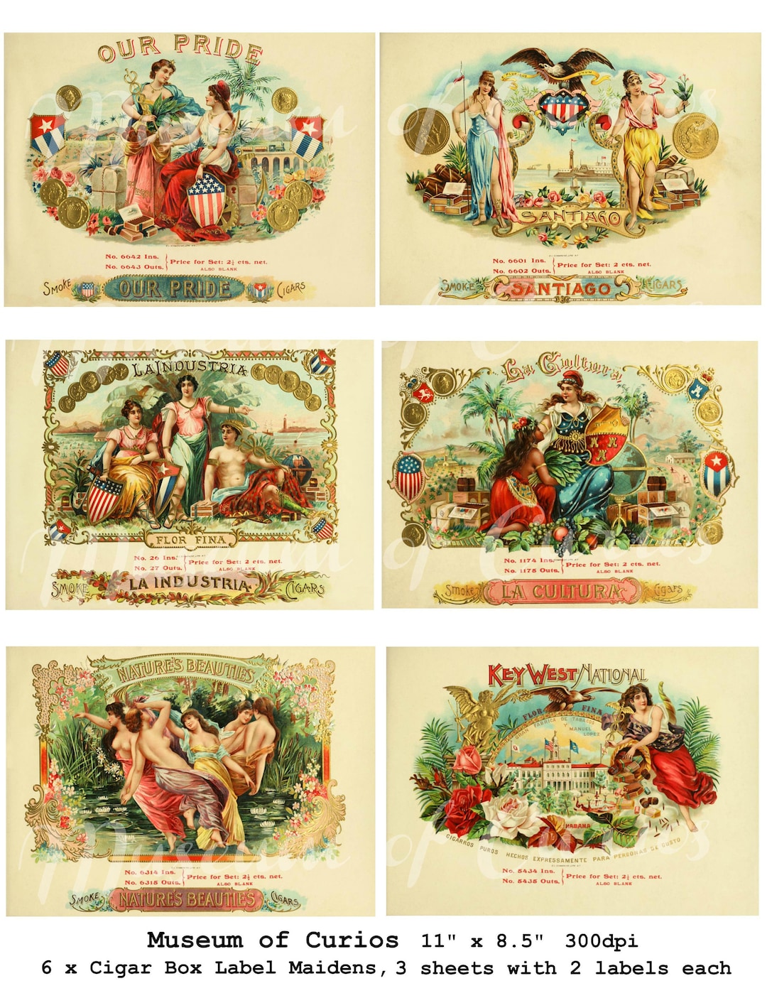 Digital, 1905, 6 X Cigar Box Maidens on Three Sheets, INSTANT DOWNLOAD ...
