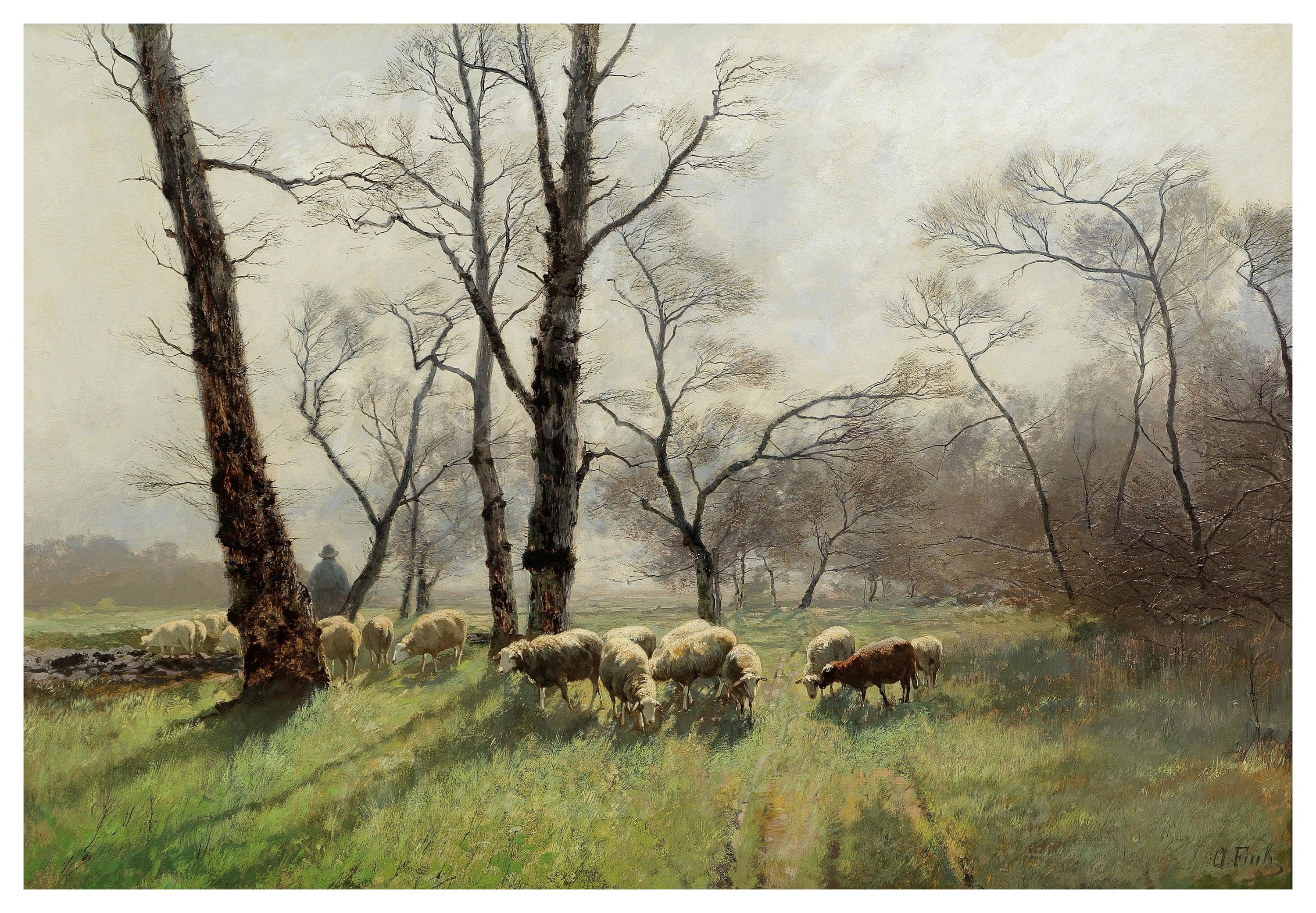 Digital, 1800s, Shepherd With His Flock in the Evening Light, Rustic ...
