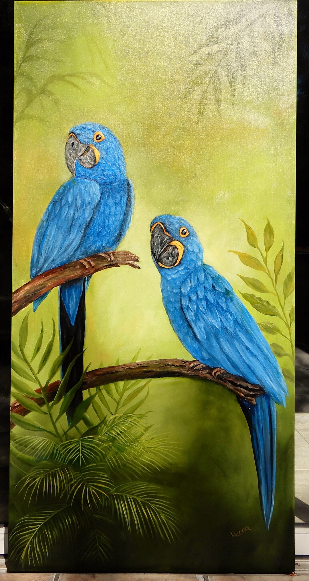 Hyacinth Macaw Oil Painting, Macaw Art, Parrot Painting, Large Wall Art ...