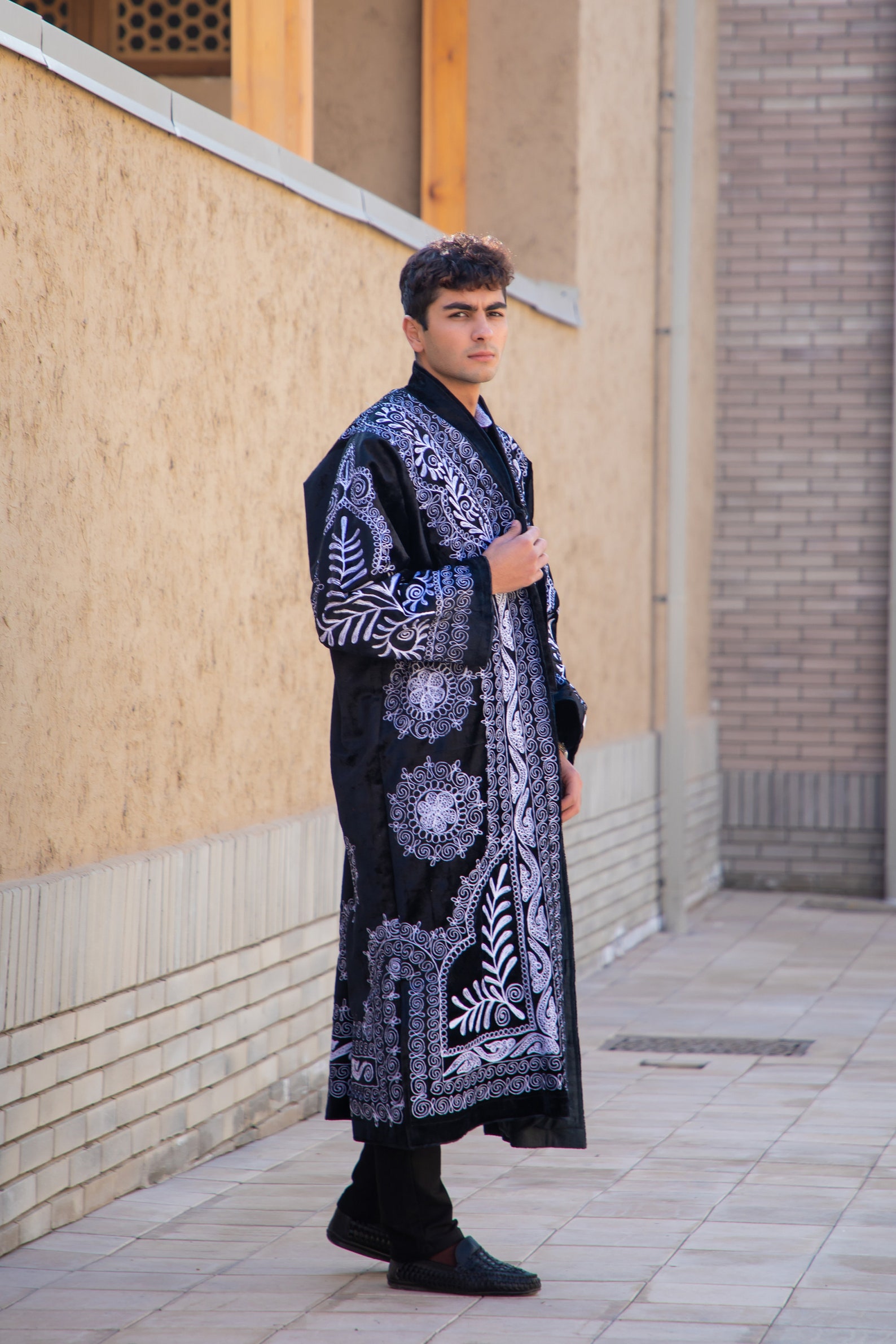 Men Uzbek Black Velvet Coat Chapan Jaket Robe Decorated With | Etsy