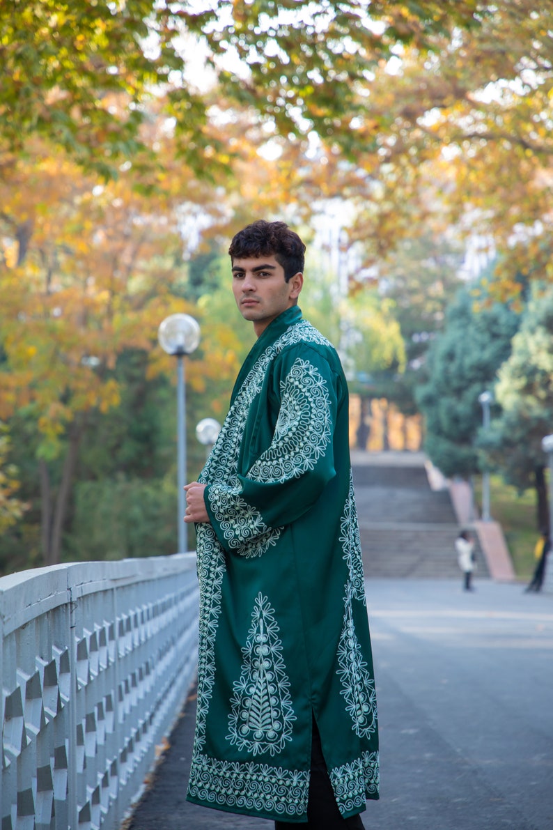 Men Uzbek Green Silk Coat Chapan Jaket Wedding Robe Decorated | Etsy