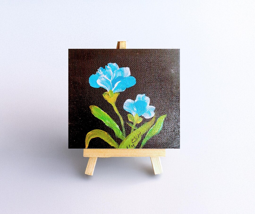 Original Miniature Blue Flower Painting: Acrylic Canvas Art With Mini ...