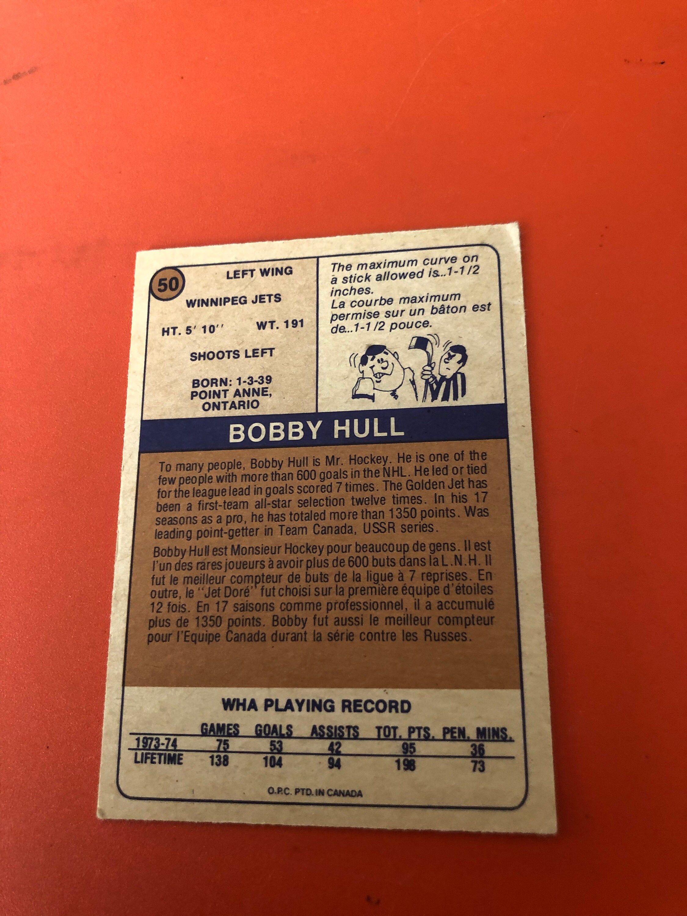 Bobby Hull 73-74 WHA Card - Etsy Canada