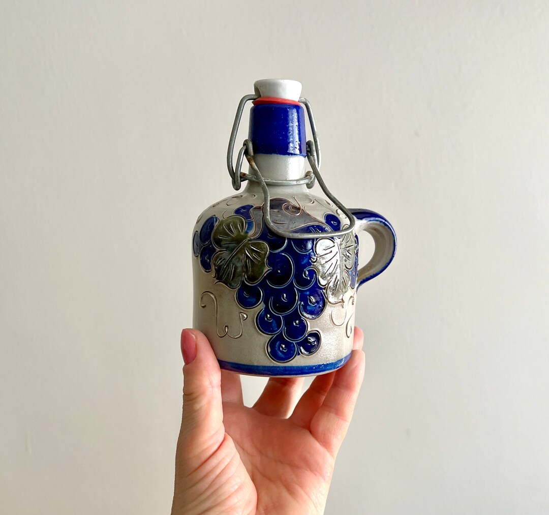 Handcrafted German Salt Glazed Wire Closure Bottle With Handle Cobalt ...