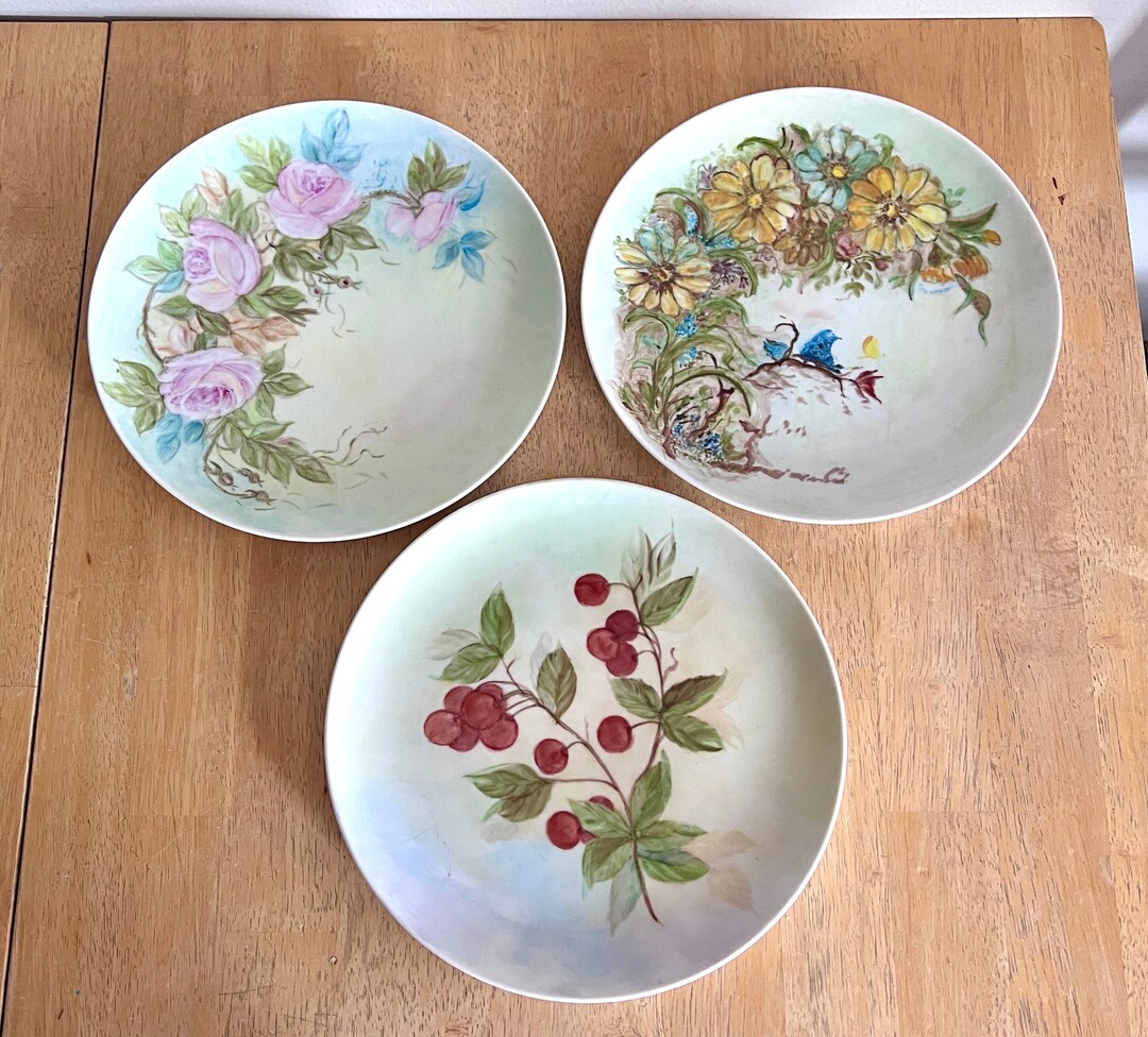 3 Hand Painted 10di Ceramic Plates, Floral and Fruit Pattern ...