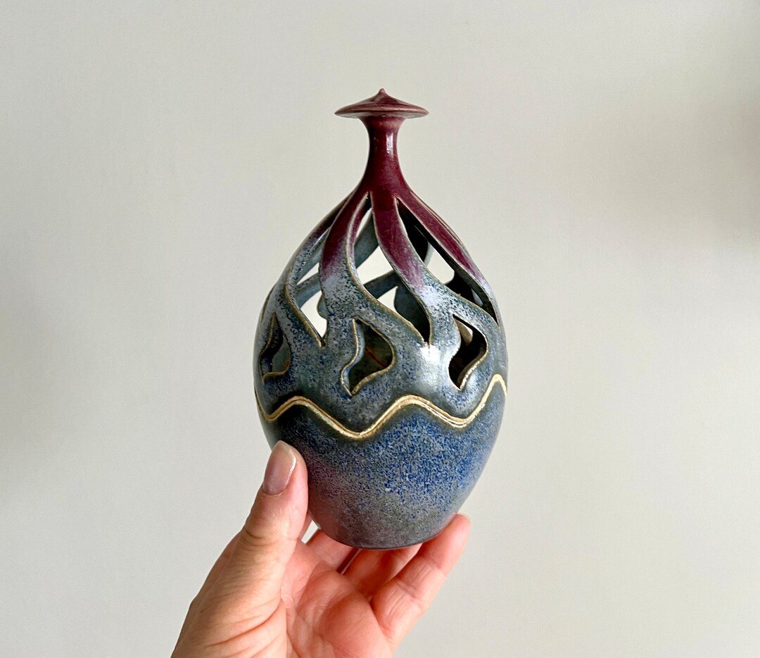 Gary Michel Studio Art Pottery Blue Burgundy Vessel With Openwork Lid ...