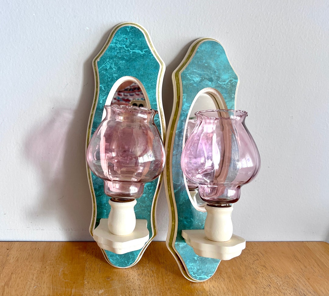 Wooden Teal & Cream Color 80's Mirror Wall Candle Sconces With Pink ...