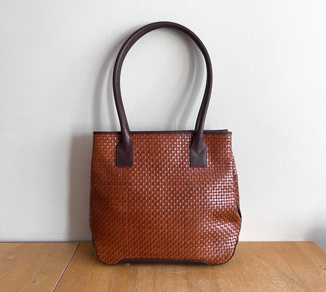 Genuine Leather Light Brown Woven Tote Handbag Shoulder Bag ALEDA Italy ...