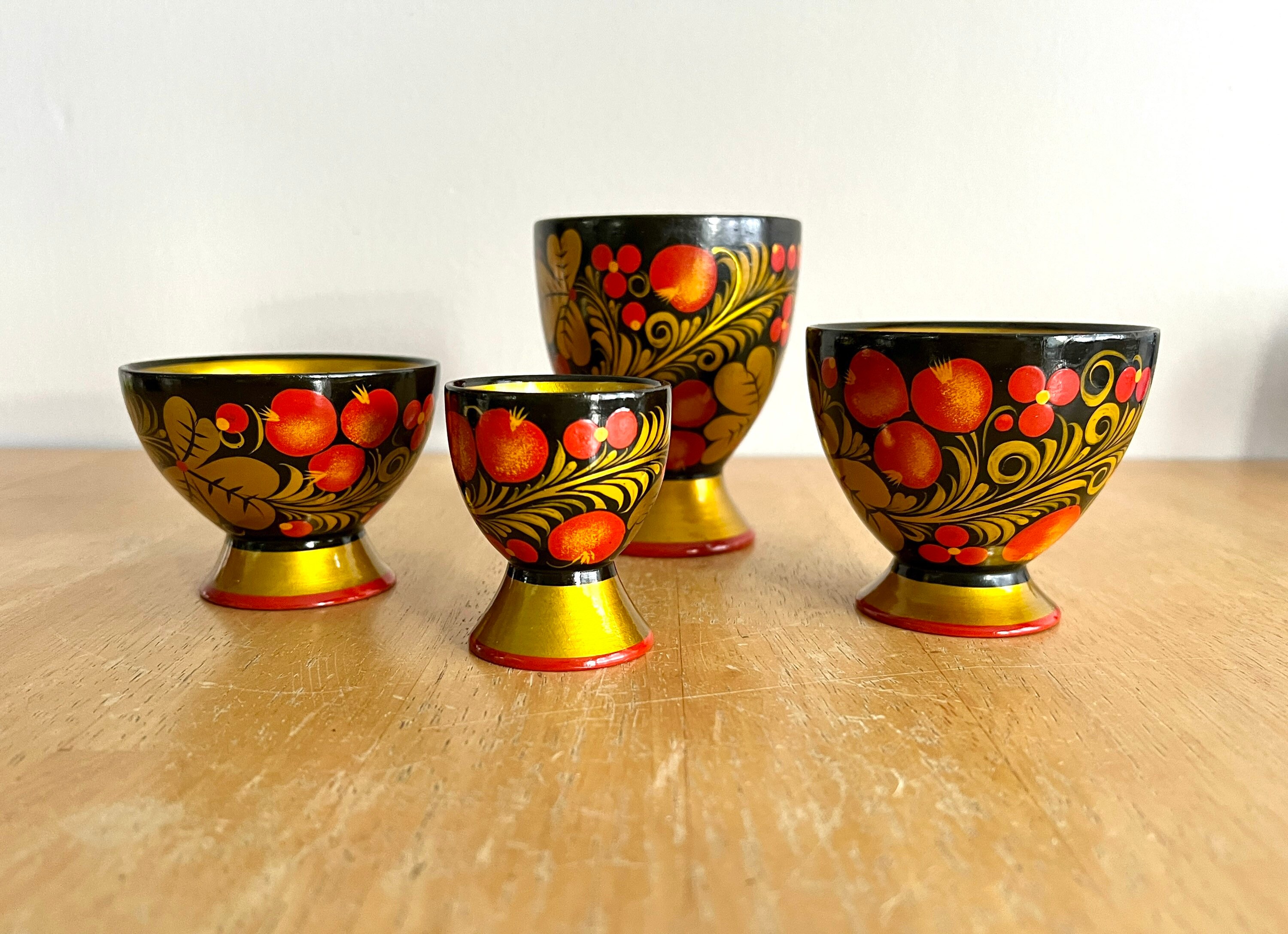 4 Vintage Russian Hand Painted Lacquered Wooden Khokhloma Cups - Etsy