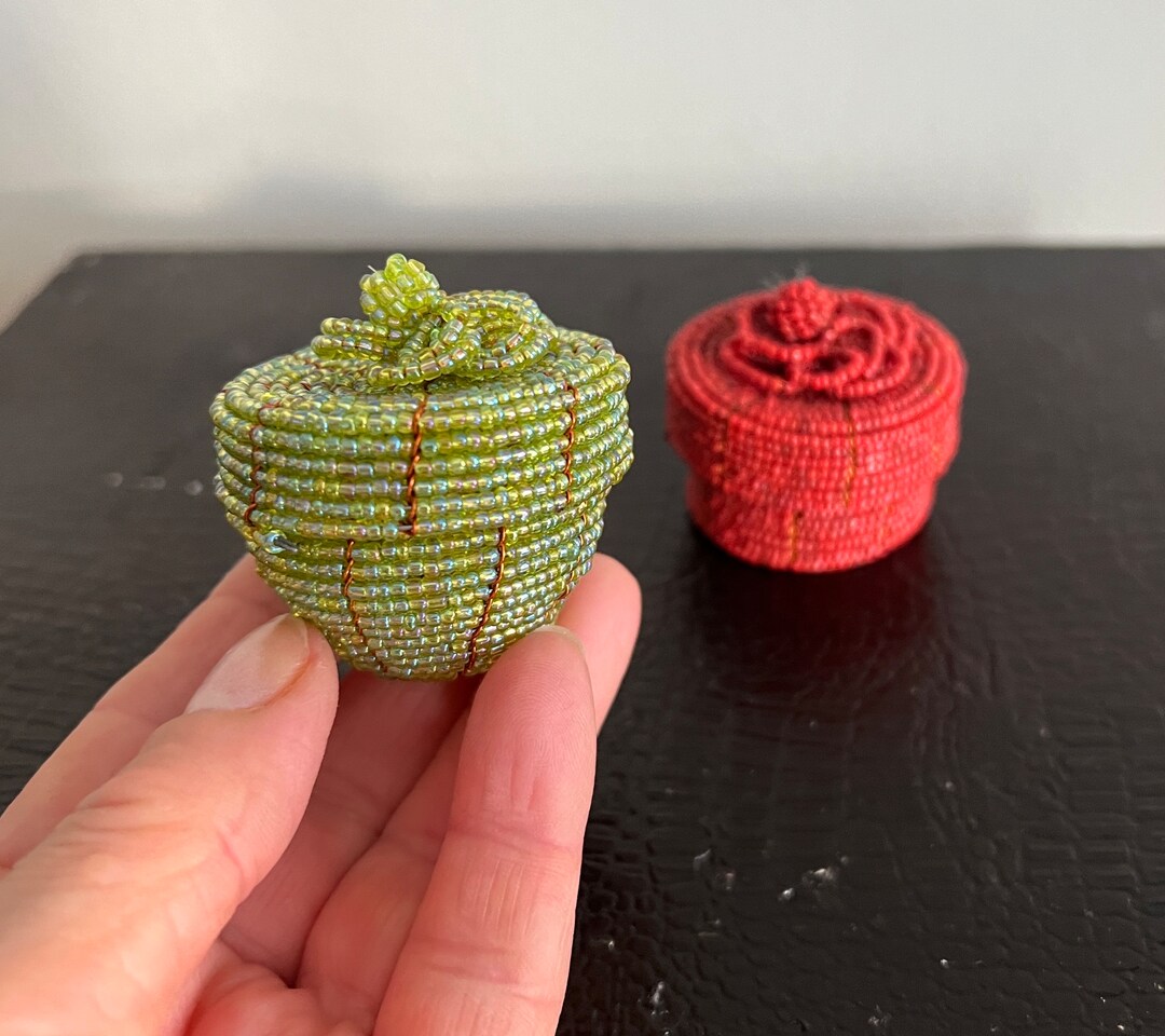2 Miniature Handmade Kenyan Beaded Baskets Red & Green Small African ...